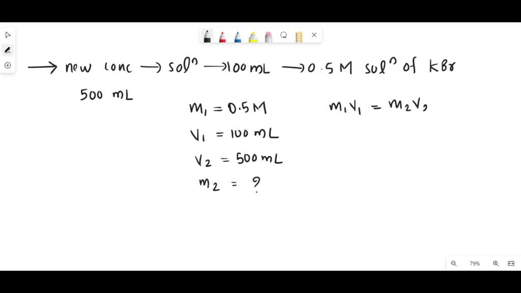 SOLVED: 100.0 mL of a 0.740 M solution of KBr is diluted to 500.0 mL. What is the new ...