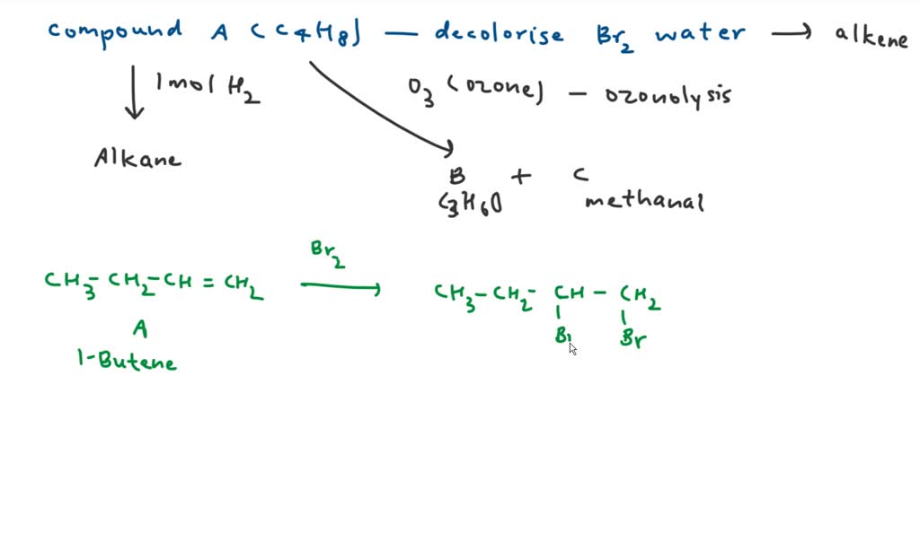 SOLVED: An organic compound A c4H8 decolourizes bromine water and adds ...