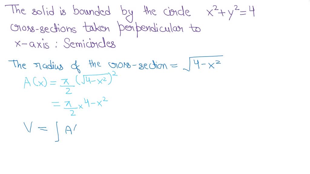 SOLVED: Find the volume of the solid whose base is bounded by the circle x^2 + y^2 = 4 with the ...