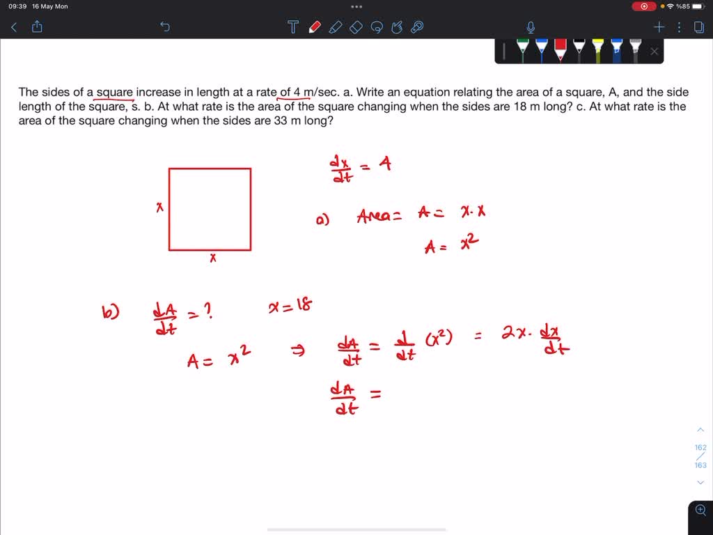 SOLVED: The sides of a square increase in length at a rate of 4 m/sec ...