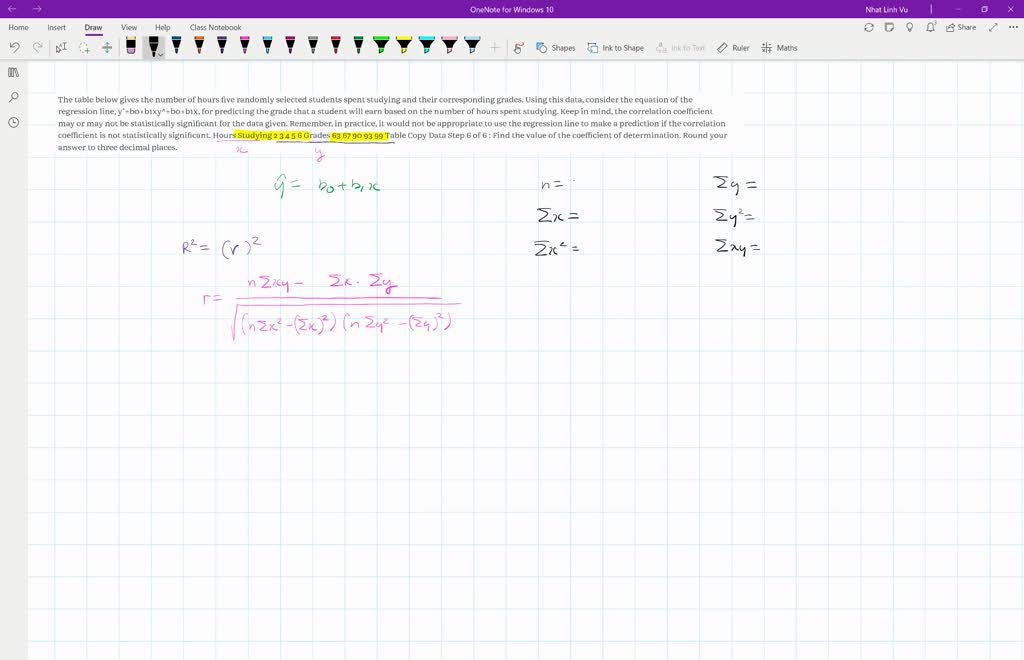 The table below gives the number of hours five randomly selected students spent studying and ...