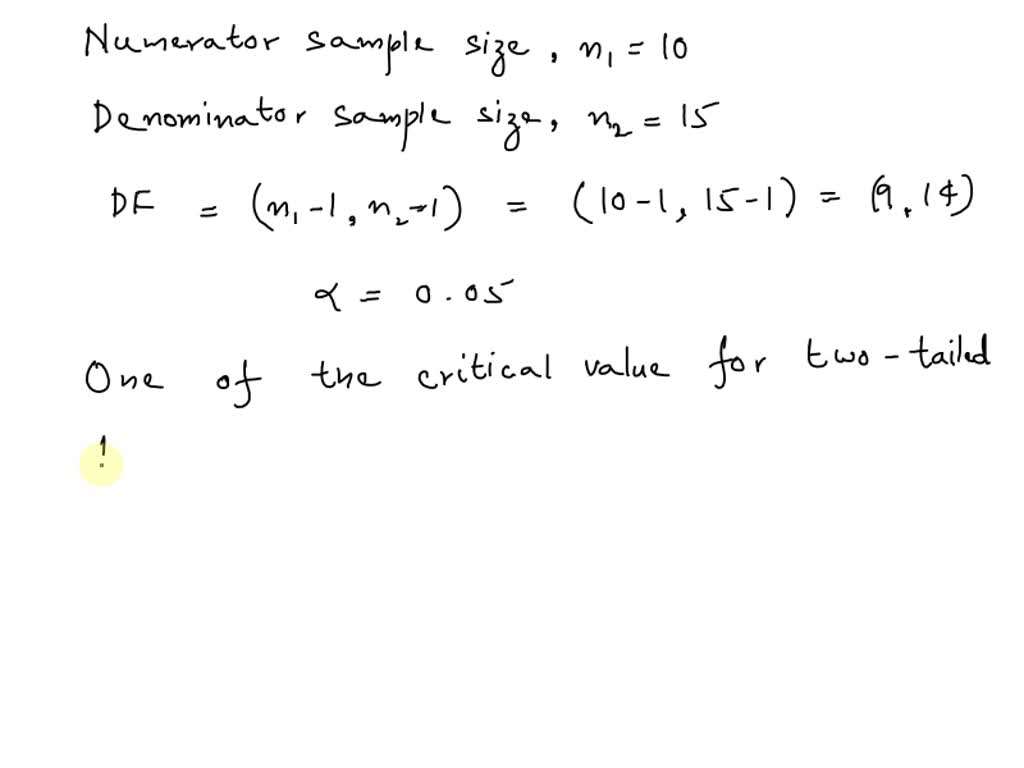 SOLVED: The critical value for a two-tailed F -test is 2.65, when α = 0 ...
