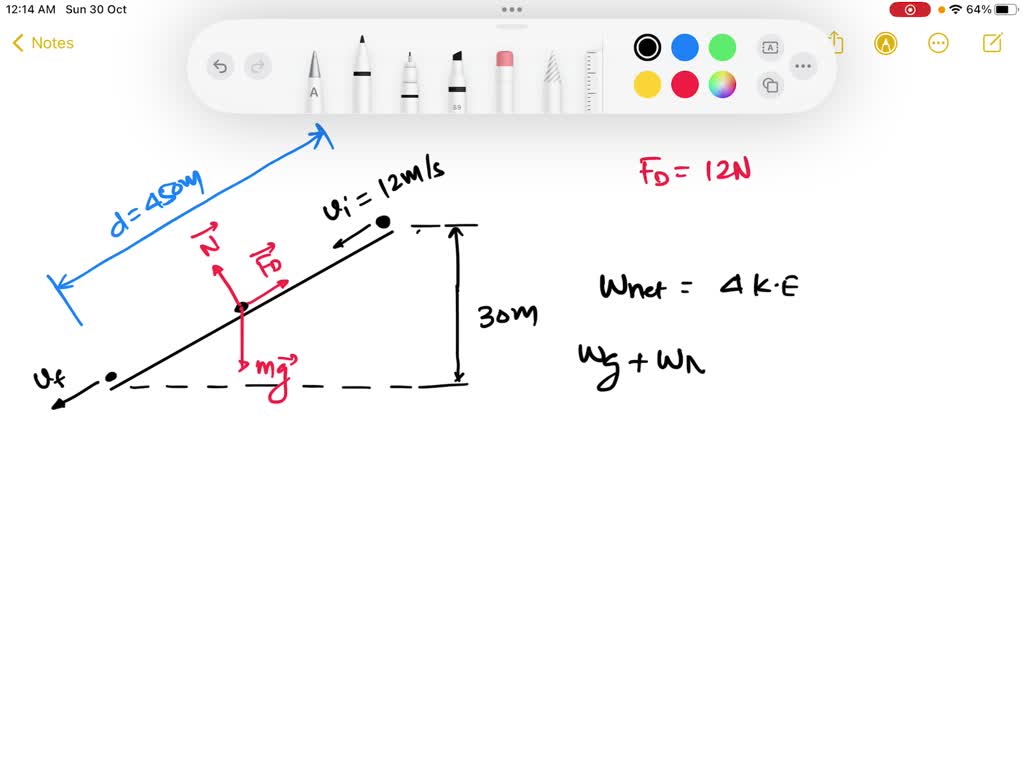 A cyclist is coasting at 12 m / s when she starts down a 450-m-long slope that is 30 m high. The ...