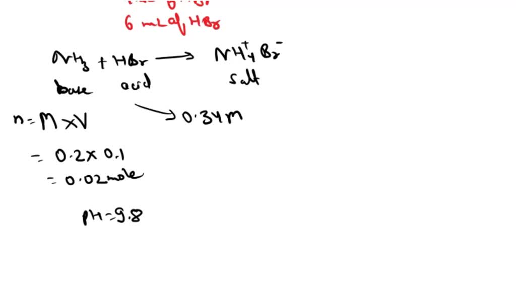SOLVED: Moles of NH4Br needed to add to 100.0mL of 0.200 M NH3. We want a ph of 9.8. Additions ...