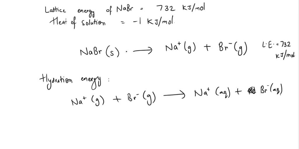 SOLVED: The lattice energy of NaBr is 732 kJ/mol and its heat of solution hydration of energy of ...