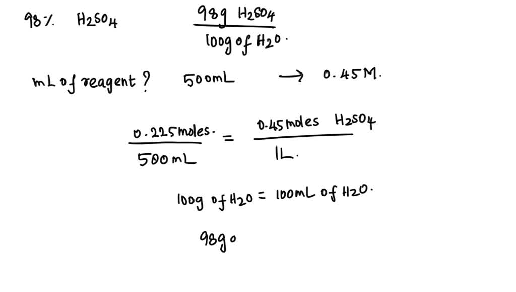 SOLVED: A bottle of concentrated aqueous sulfuric acid is labeled 98.0% H2SO4. Calculate how ...