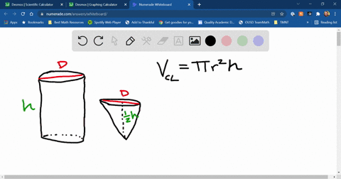 The diagram shows a cylinder inside a cone on a horizontal...