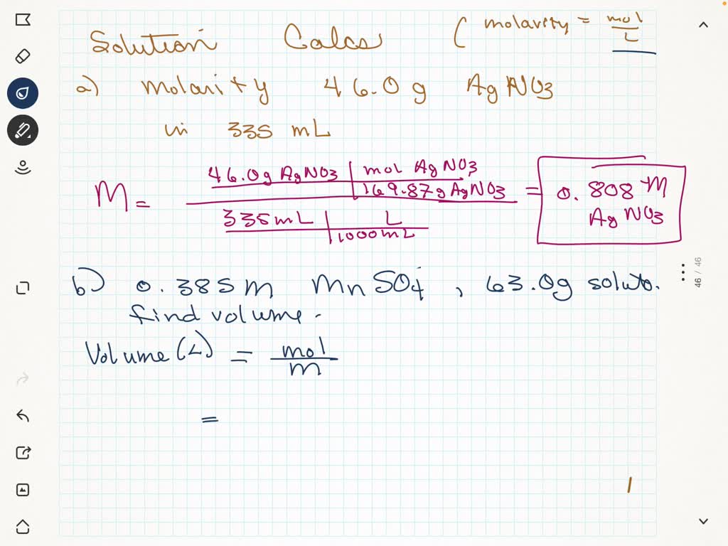 SOLVED: Calculate each of the following quantities: (a) Molarity of the solution resulting from ...