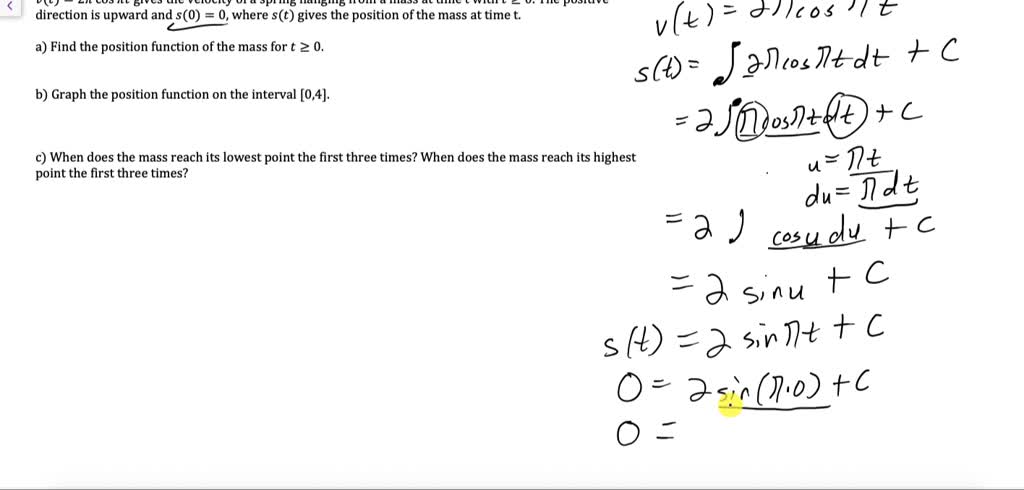 SOLVED: A mass hanging from a spring is set in motion, and its ensuing velocity is given by v(t ...