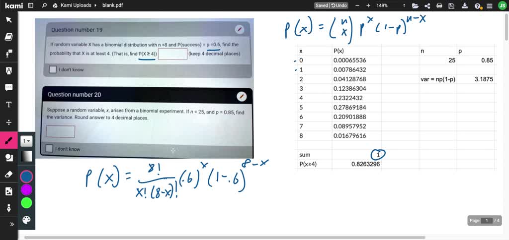 SOLVED: Question number 19 If the random variable X has a binomial distribution with n = 8 and P ...
