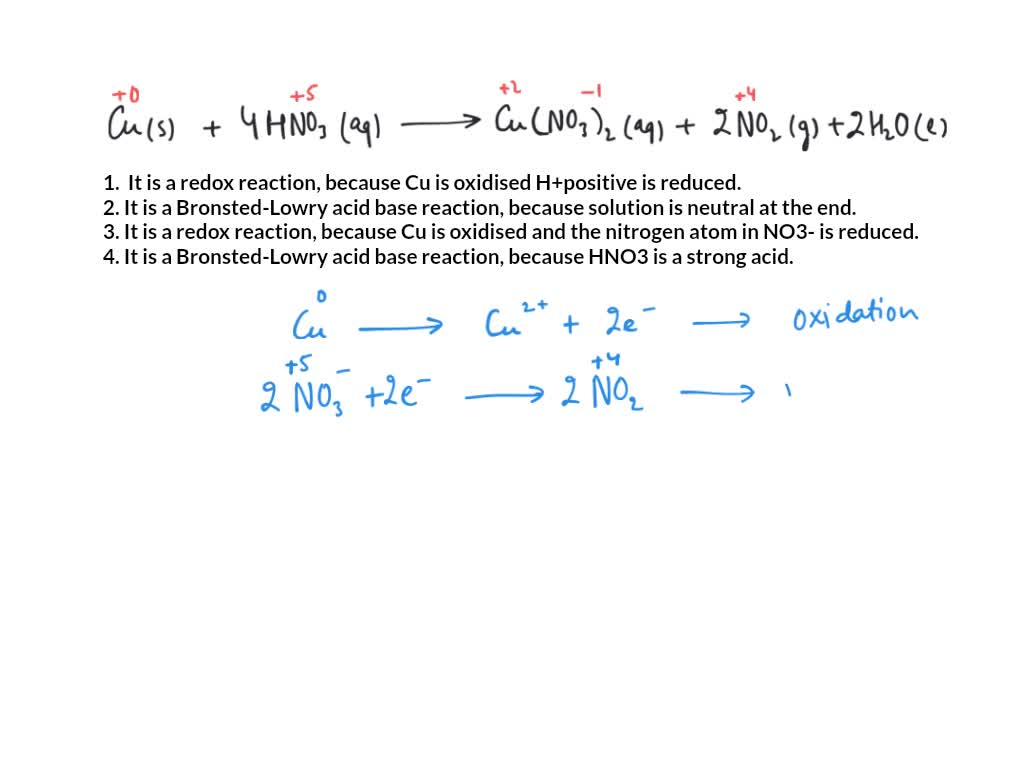 SOLVED: Cu(s) + 2 HNO3(aq) -> Cu(NO3)2(aq) + 2 NO2(g) + 2 H2O(l) Each ...