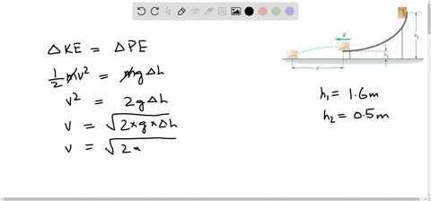 A 1.9-kg block slides down a frictionless ramp, as shown in Figure 8-28 . The top of the ramp is ...