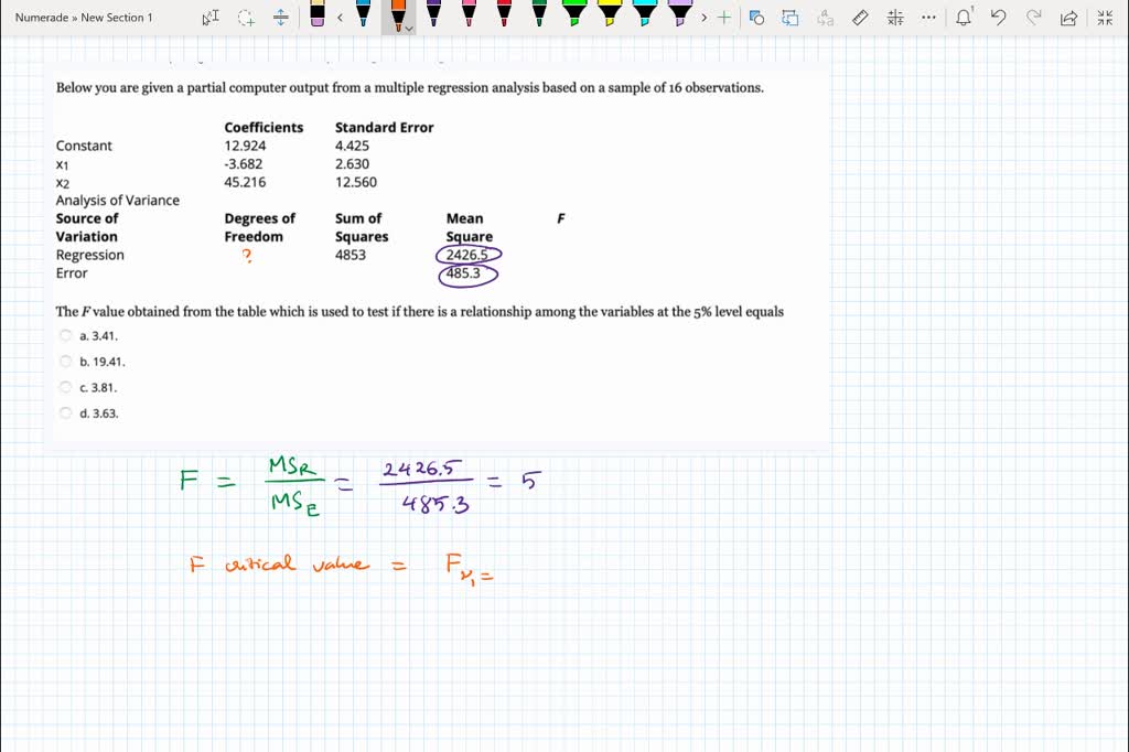 Solved Below You Are Given A Partial Computer Output From Multiple Regression Analysis Based On 8120