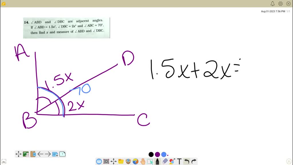 SOLVED: Angles ABD are adjacent angles. If angle ABD = 1.5x degrees ...