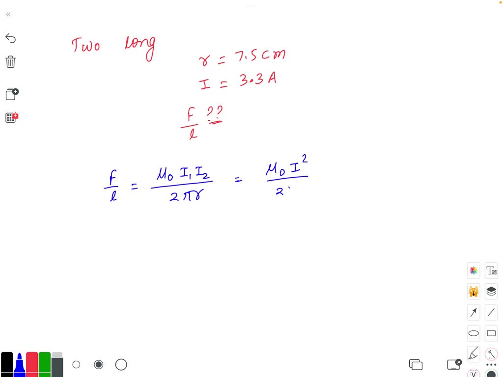 SOLVED: '9. Two long parallel wires separated by 7.5 cm each carry 3.3 ...