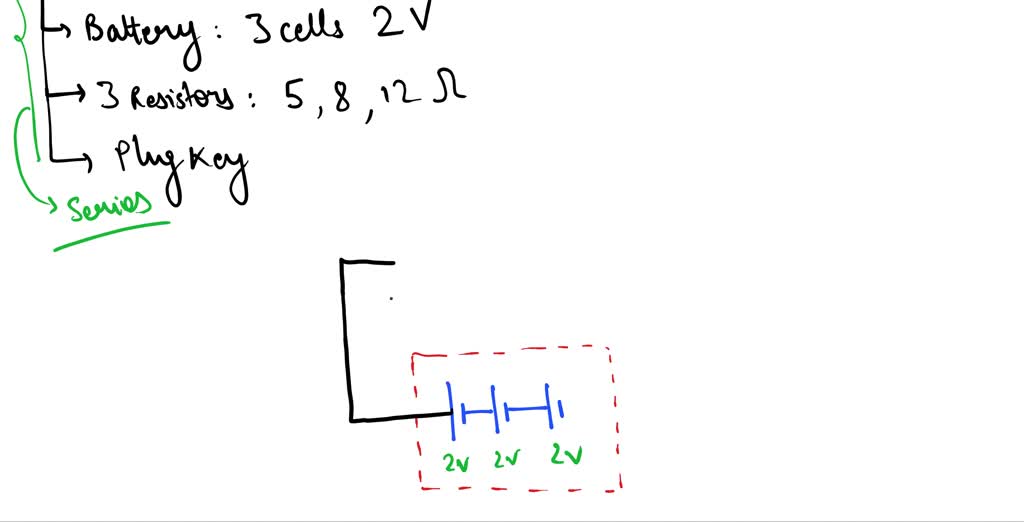 SOLVED: Draw a schematic diagram of a circuit consisting of a battery of three cells of 2 V each ...