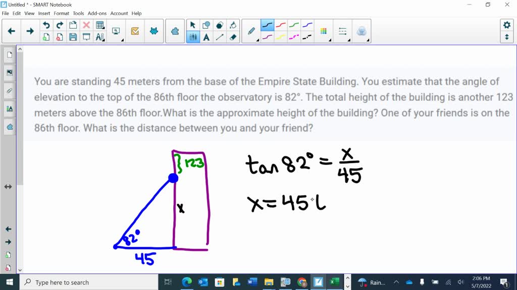 SOLVED: You are standing 45 meters from the base of the Empire State ...