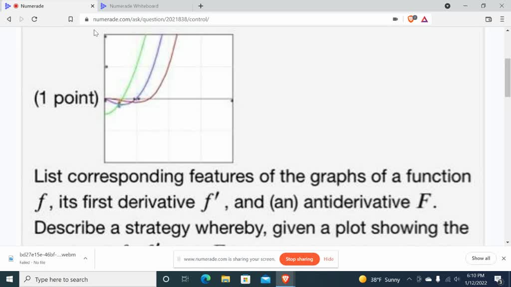 SOLVED: point) List corresponding features of the graphs of a function f ,its first derivative f ...