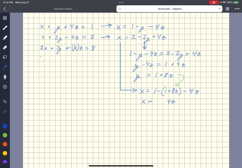 Solved Determine The Value Of K For Which The System { X Y 4 Z 1 X 2 Y 4 Z 2 2 X 7 Y K Z 8