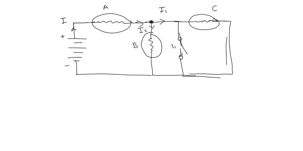 Three identical light bulbs (labeled A, B, and C) are connected in the ...