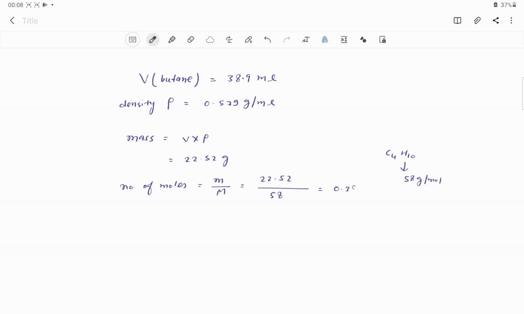 SOLVED: The density of butane, C4H10 is 2.49 x 10^-3 g/mL. Calcualte ...