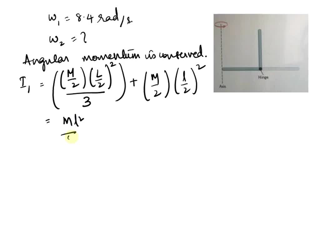 SOLVED: A thin, uniform rod is hinged at its midpoint. To begin with ...
