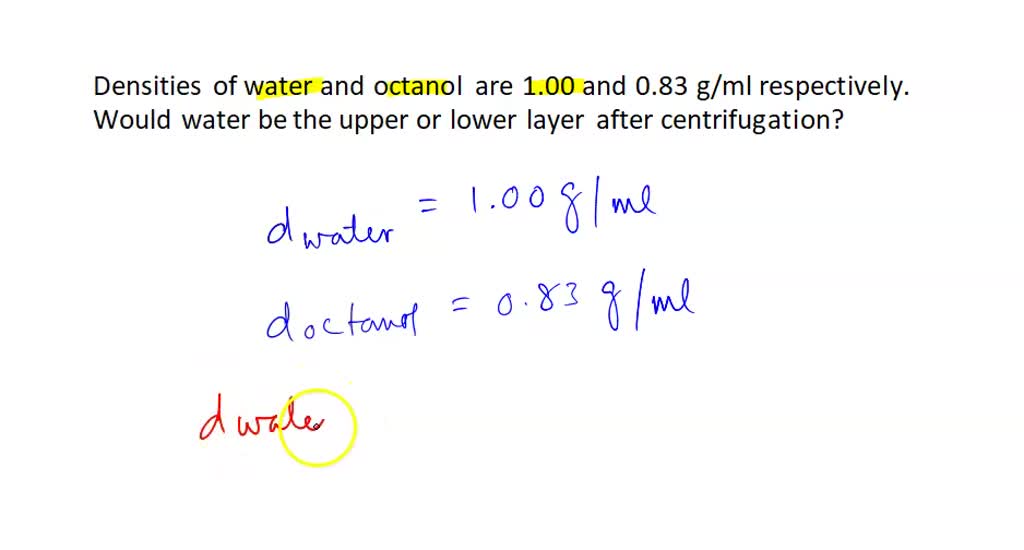 SOLVED: Densities of water and octanol are [.OO and 0.83 g/mL ...