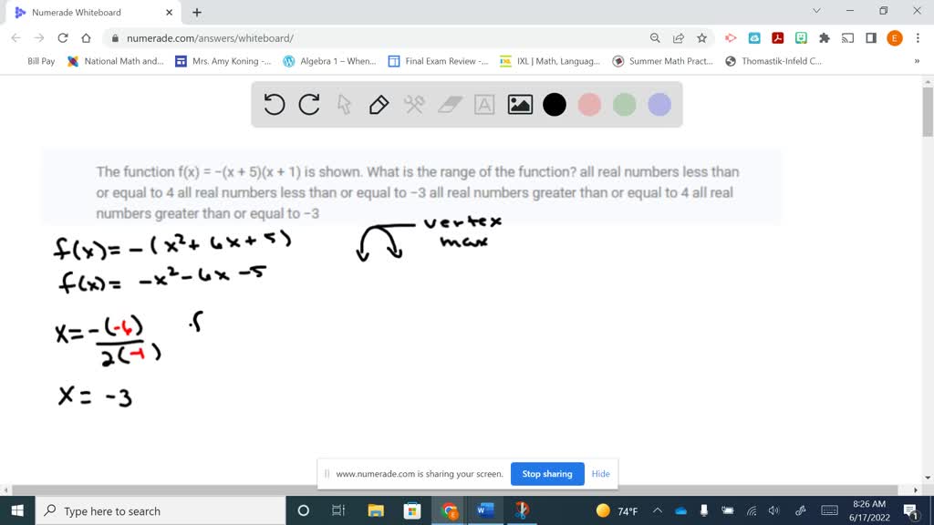 Solved The Function Fx X 5x 1 Is Shown What Is The Range Of The Function 10 8 O 6941