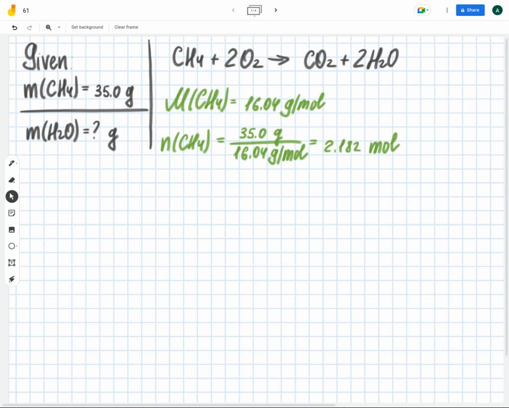SOLVED: 23. How many grams of water is produced when 35.0 grams of methane, CH4, reacts with ...