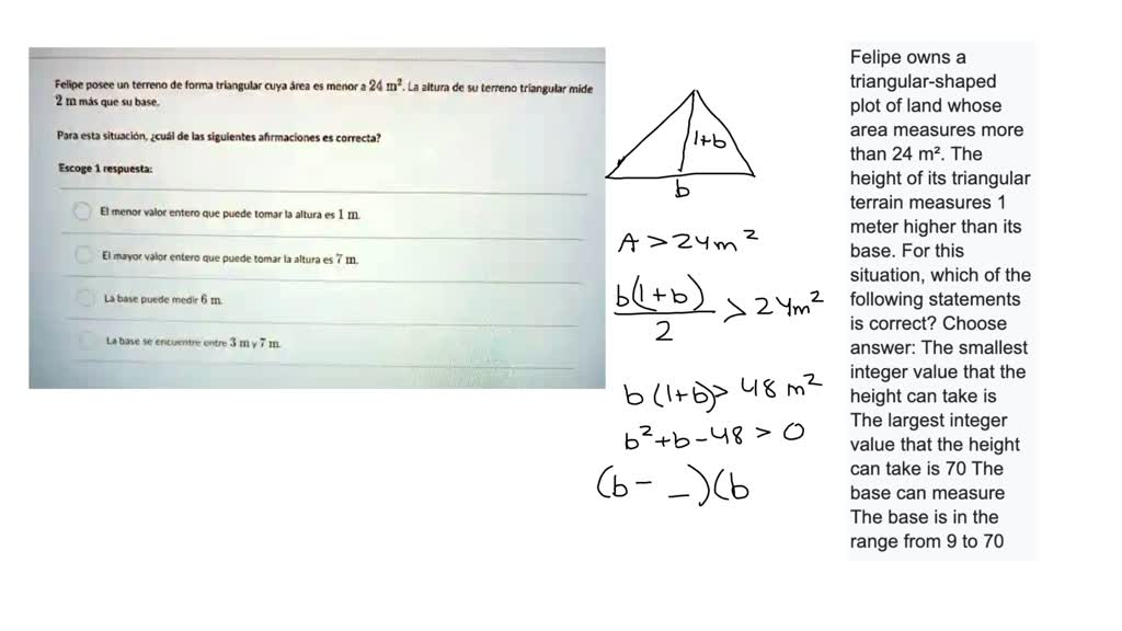 SOLVED: Felipe posee un terreno de forma triangular cuya Ã¡rea mide mÃ ...