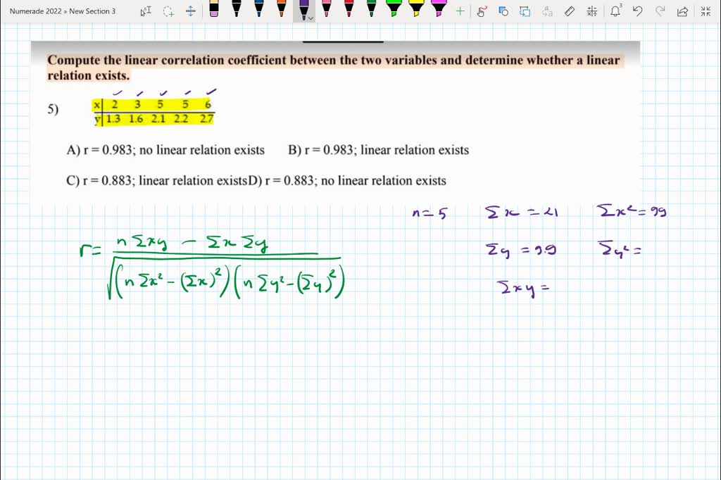 SOLVED: 'Compute the linear correlation coefficient between the two variables and determine ...