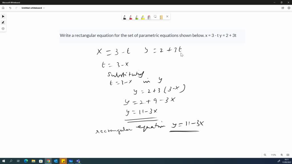 SOLVED: Write a rectangular equation for the set of parametric equations shown below. x = 3 - t ...