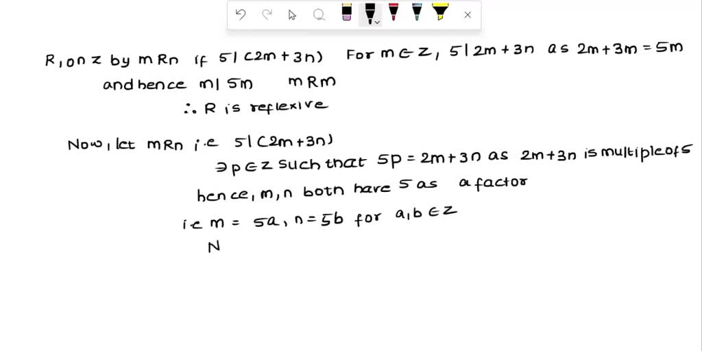 SOLVED: (a) (4 pts.) Define relation R on Z by (x,y) E R if x2 - y2 is divisible by 5. (i) Prove ...