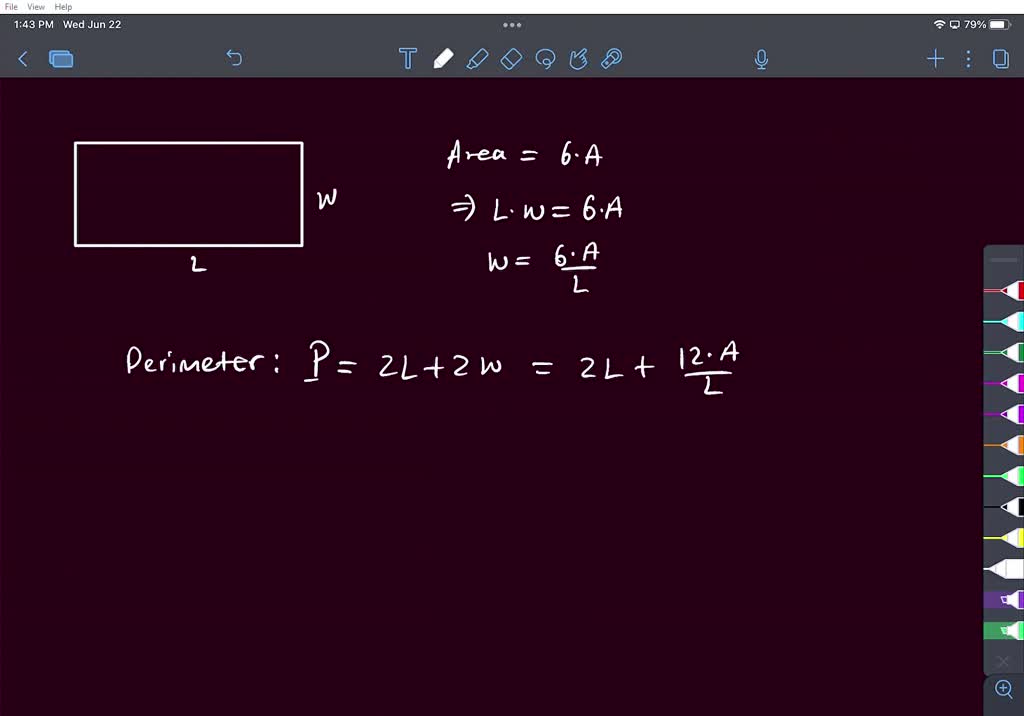 SOLVED: Find the length and width of a rectangle that has the given area and a minimum perimeter ...