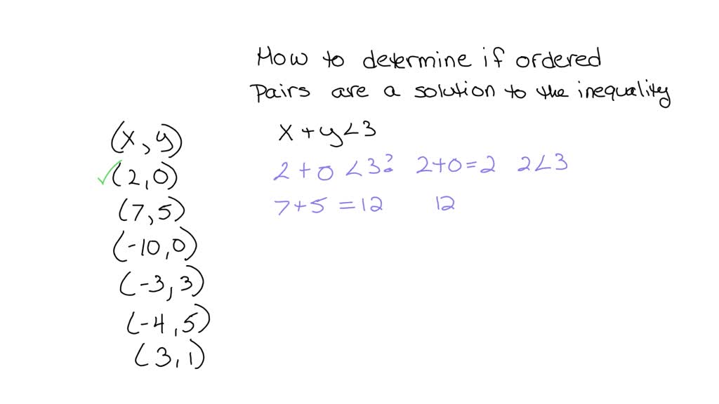 SOLVED: Determine whether each ordered pair is a solution to the inequality x+y