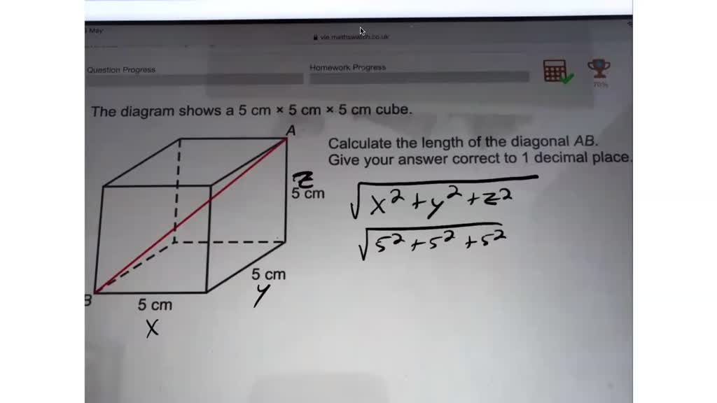 The diagram shows a 5 cm x 5 cm x 5 cm cube. A Calculate the length of ...