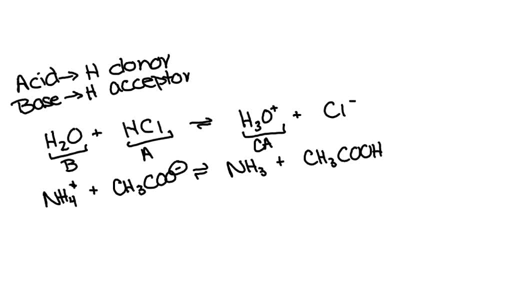 SOLVED: Identify the acid and the base in these reactions: a.) H2O (l ...