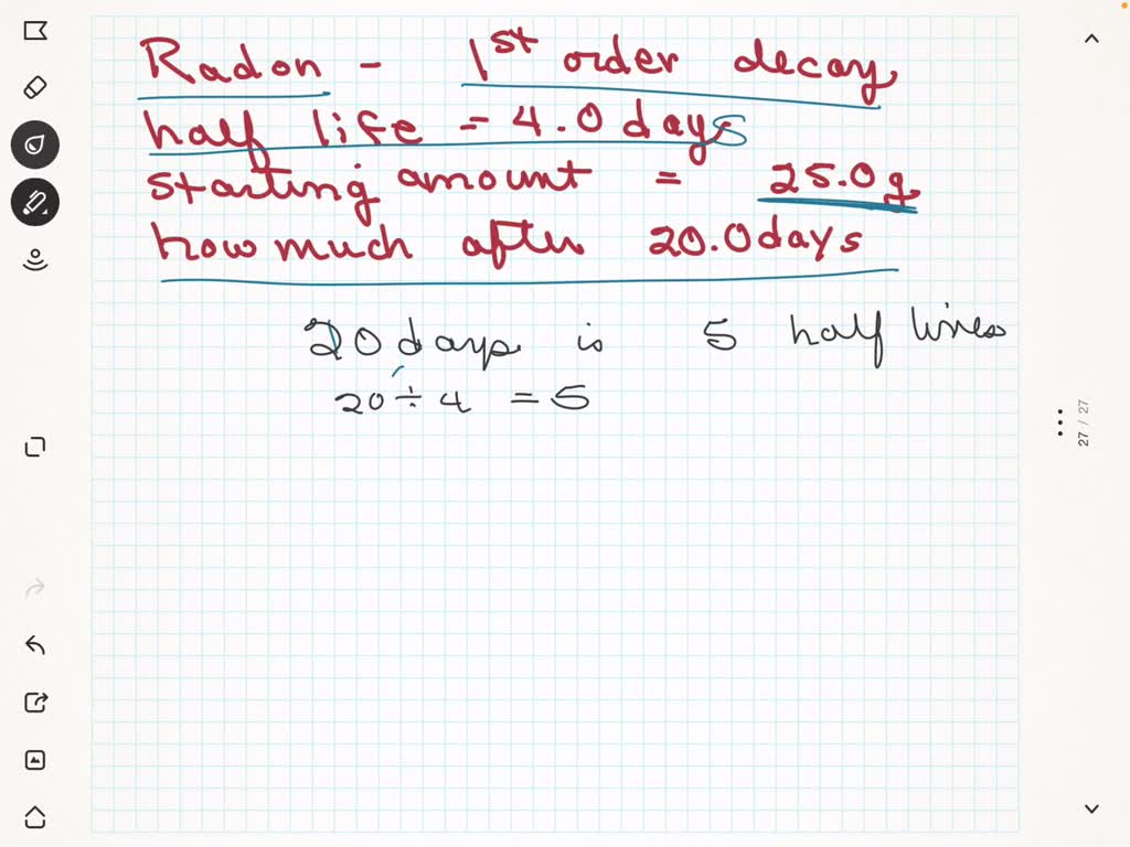 SOLVED: Radon, a radioactive noble gas, decays via a first order decay ...
