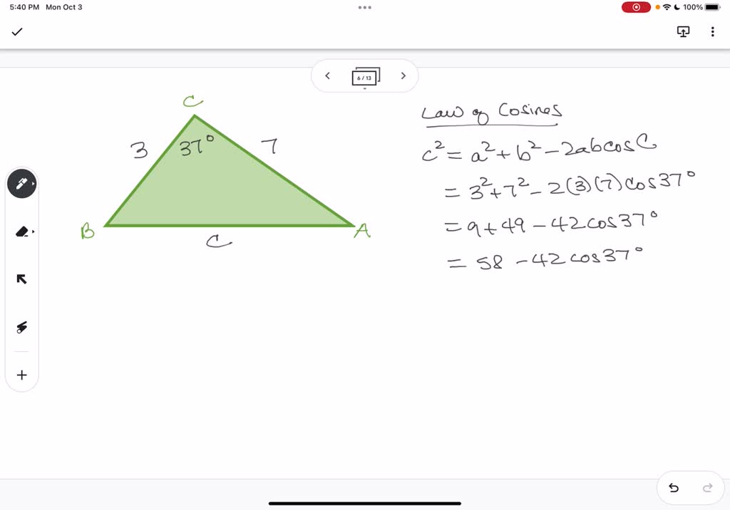 SOLVED: Consider a triangle where a = 3, b = 7, and c = 37 degrees. Use ...