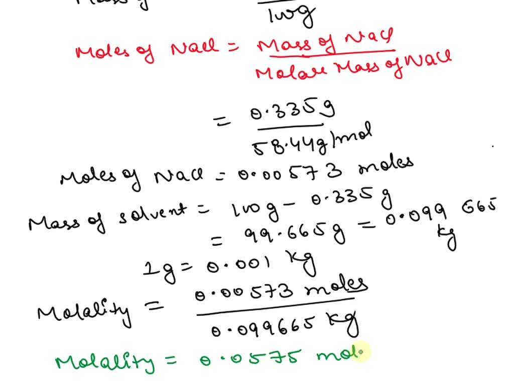 SOLVED: (8 pts) An aqueous solution of NaCl, is 33.5% bY mass, Calculate the molality Calculate ...