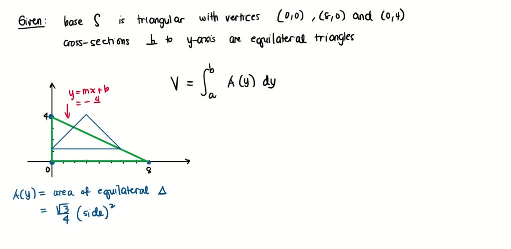 SOLVED: Find the volume V of the described solid 5 The base of S is the triangular region with ...