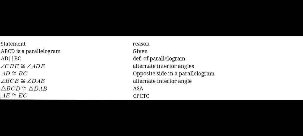 SOLVED: Given: ABCD is a parallelogram. Prove: AE EC . Step Statement Reason ABCD is a ...