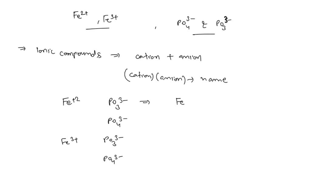 SOLVED: Given the following ions: Fe2+, Fe3+, PO3-3, PO4-3, how many ...