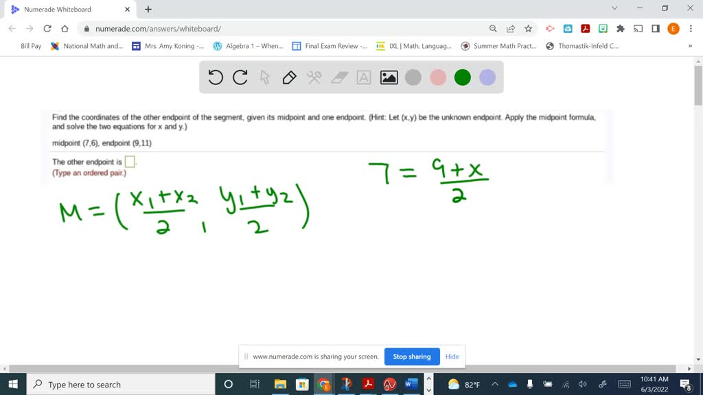 SOLVED: Find the coordinates of the other endpoint of the segment ...