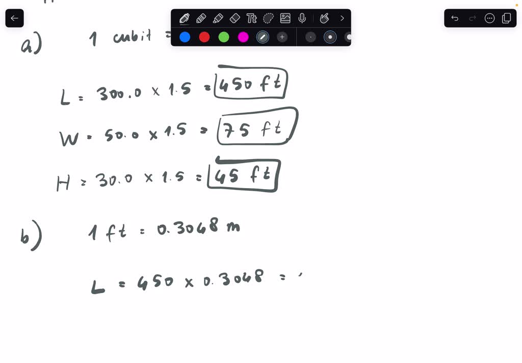 SOLVED: According to the bible, Noah's Ark is 300.0 cubits long, 50.0 ...