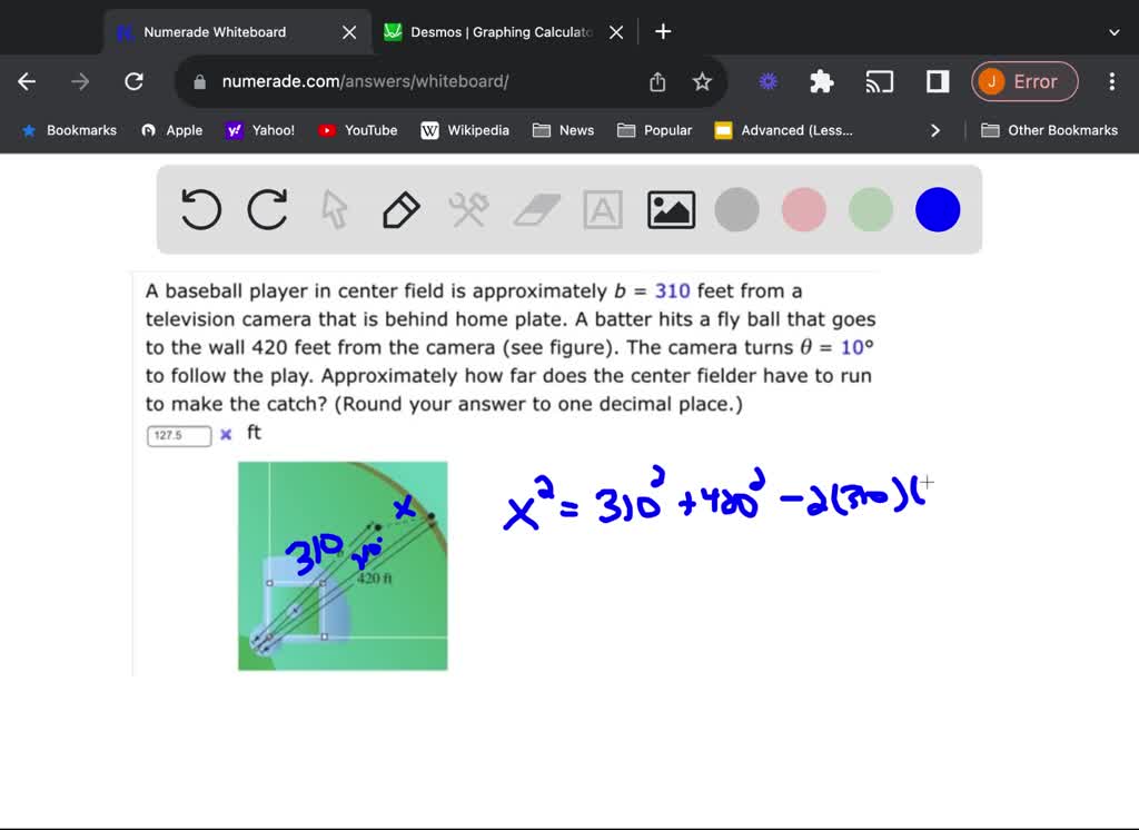 SOLVED: A baseball player in center field is approximately b 310 feet ...