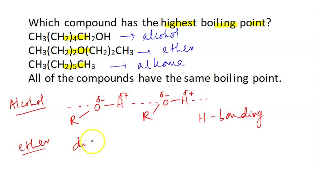 SOLVED: Which compound has the highest boiling point? CH3(CH2)2CH2OH CH3(CH2)2O(CH2)2CH3 CH3(CH2 ...