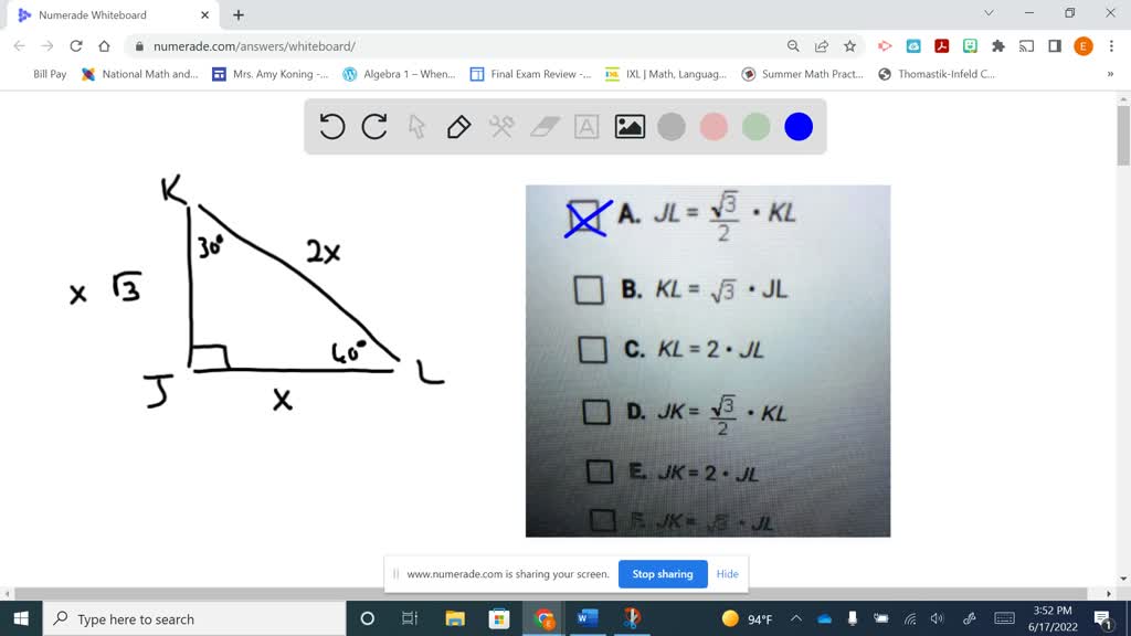 Solved In Triangle Jkl The Measure Of Angle J Is 90 Degrees The Measure Of Angle K Is 30