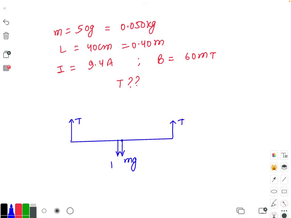 SOLVED: A wire (mass 50 g, length 40 cm) is suspended horizontally by ...