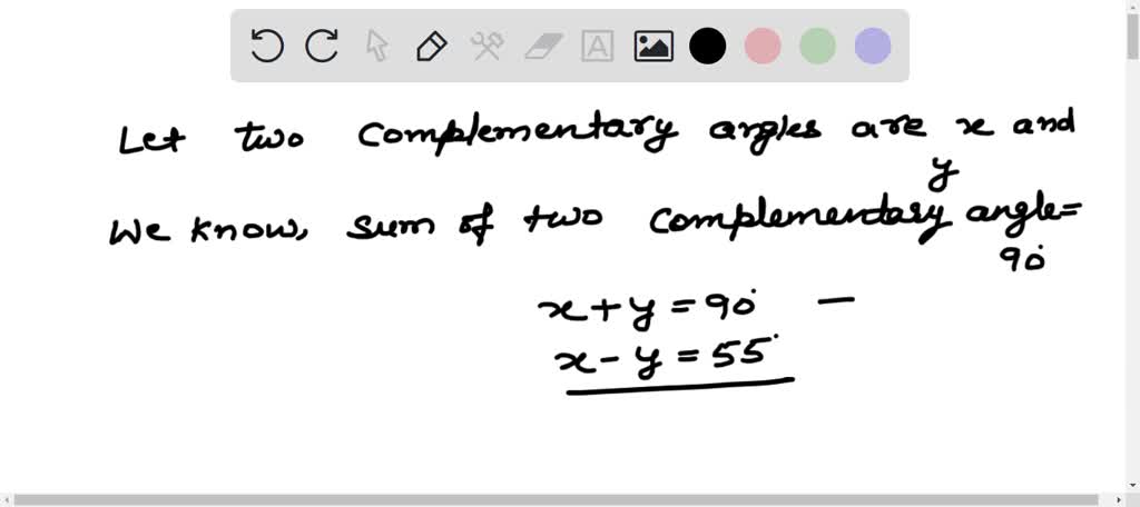 SOLVED: The difference of two complementary angles is 55 degrees. Find ...